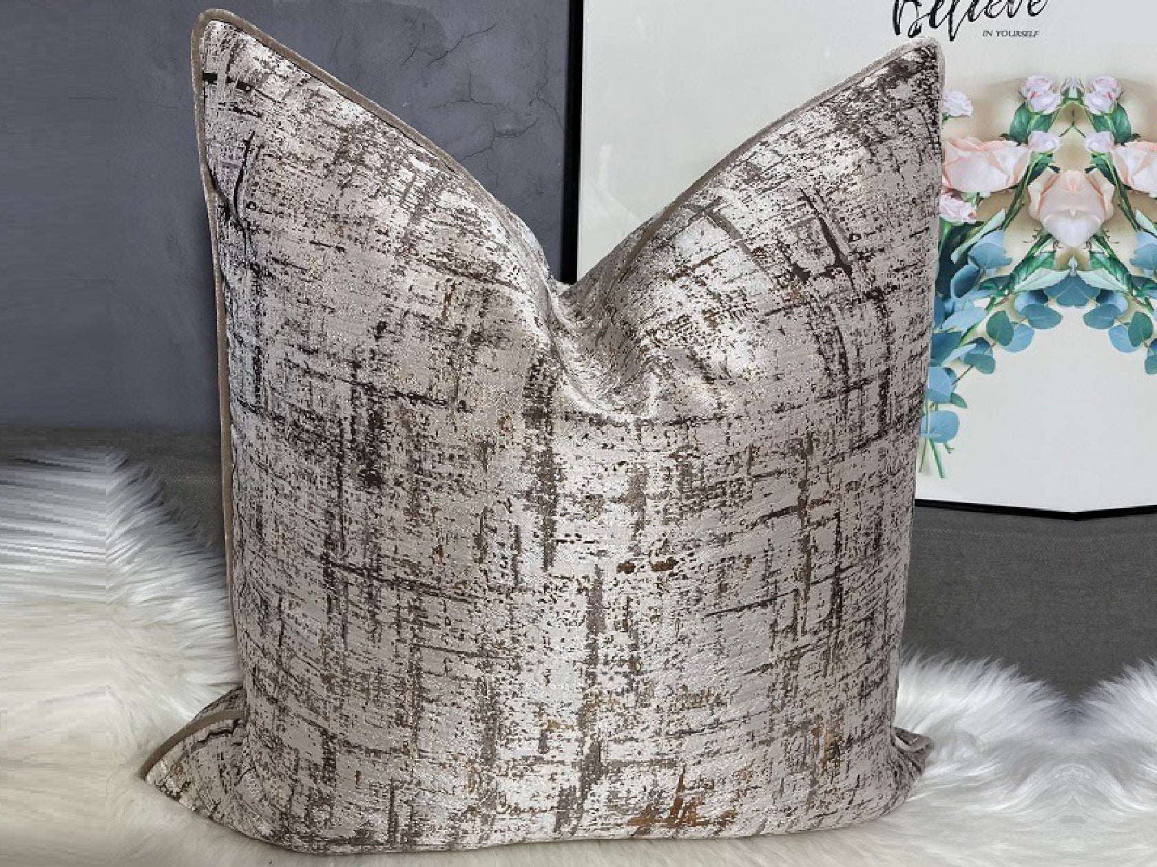 Beige Brushed Designer Feather-Filled Cushion | Elegant Comfort