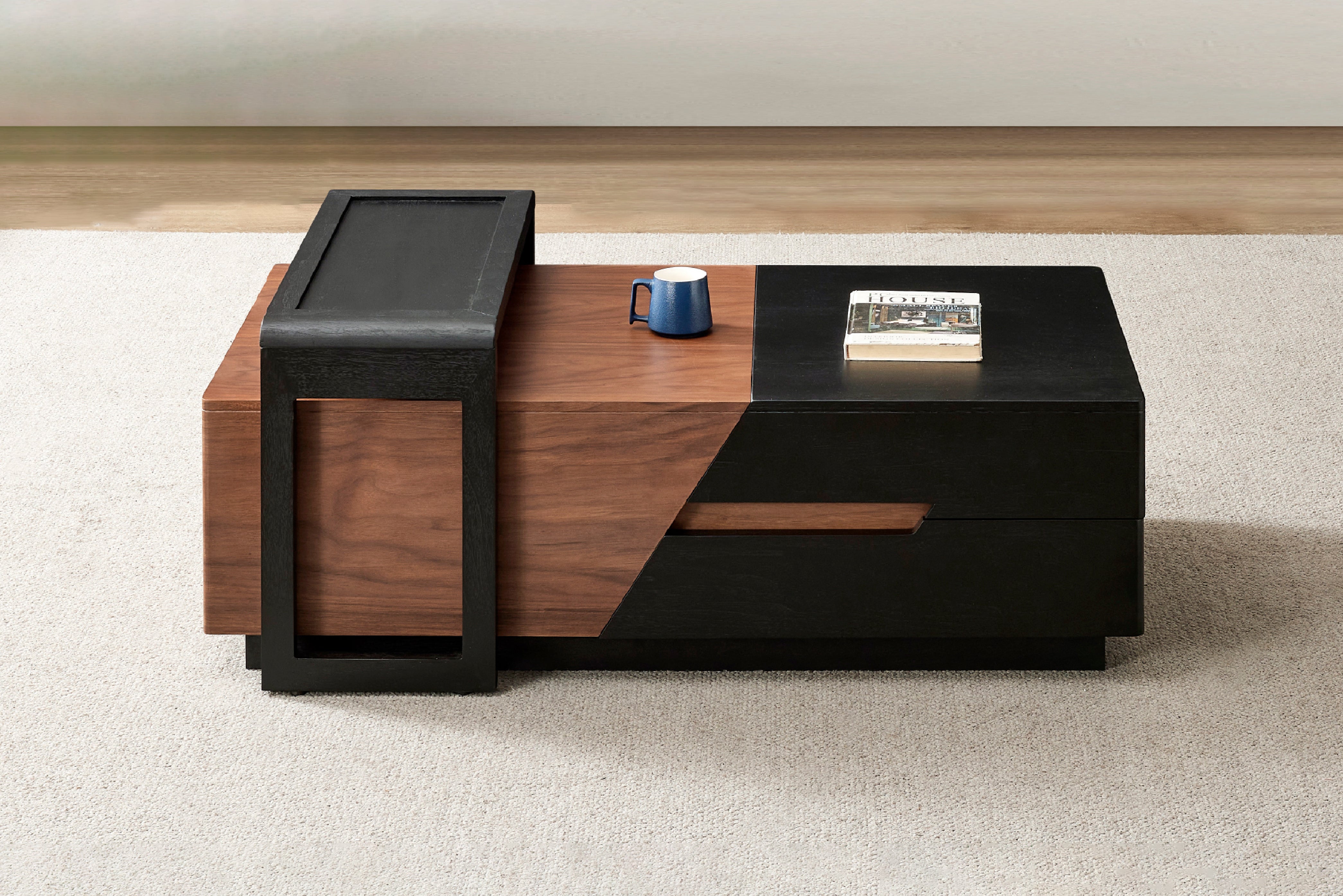 London Modern Coffee Table in Matte Black and Walnut Finish